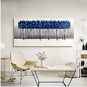 Yihui Arts Landscape Painting Abstract Tree Canvas Art Handpainted Indigo Blue Forest Pictures Artwork for Living Room Bedroom Wall Decor (20Wx40L)