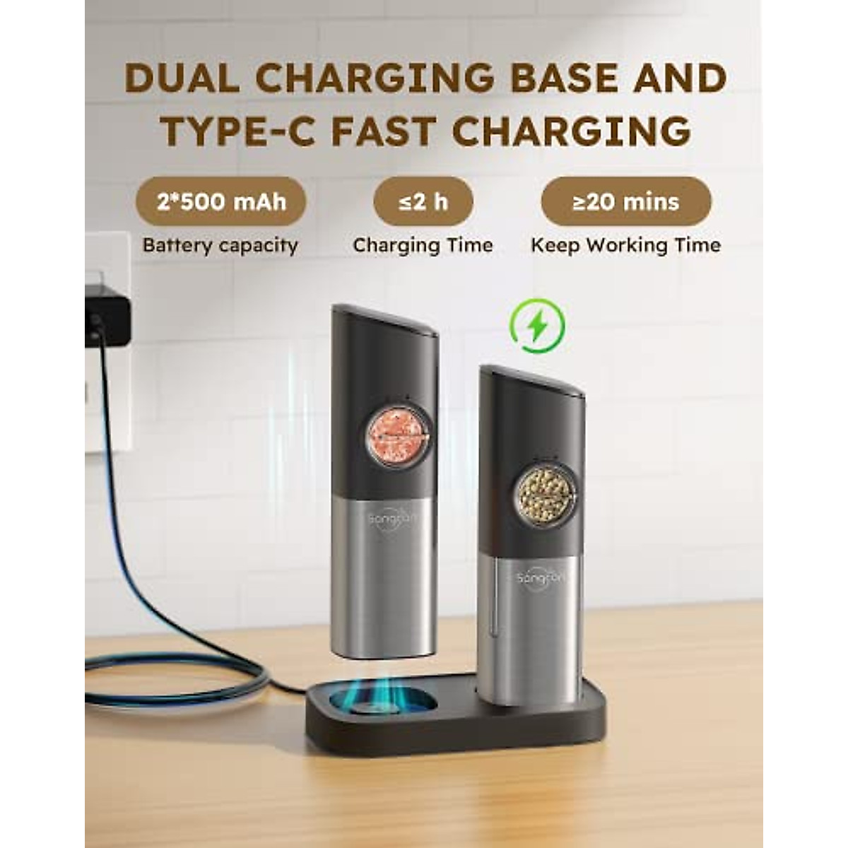 [Upgraded Larger Capacity] Sangcon Gravity Electric Salt and Pepper Grinder Set - USB Rechargeable With Dual Charging Base - Automatic One Hand Operation - Adjustable Coarseness & LED Light Refillable