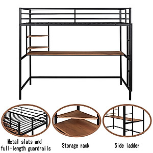Anwick Twin Size Metal Loft Bed with Desk & Shelf, Metal Structure Bedframe w/Safety Guardrail, for Dorm, Bedroom, Guest Room, No Box Spring Needed (Twin, Black)