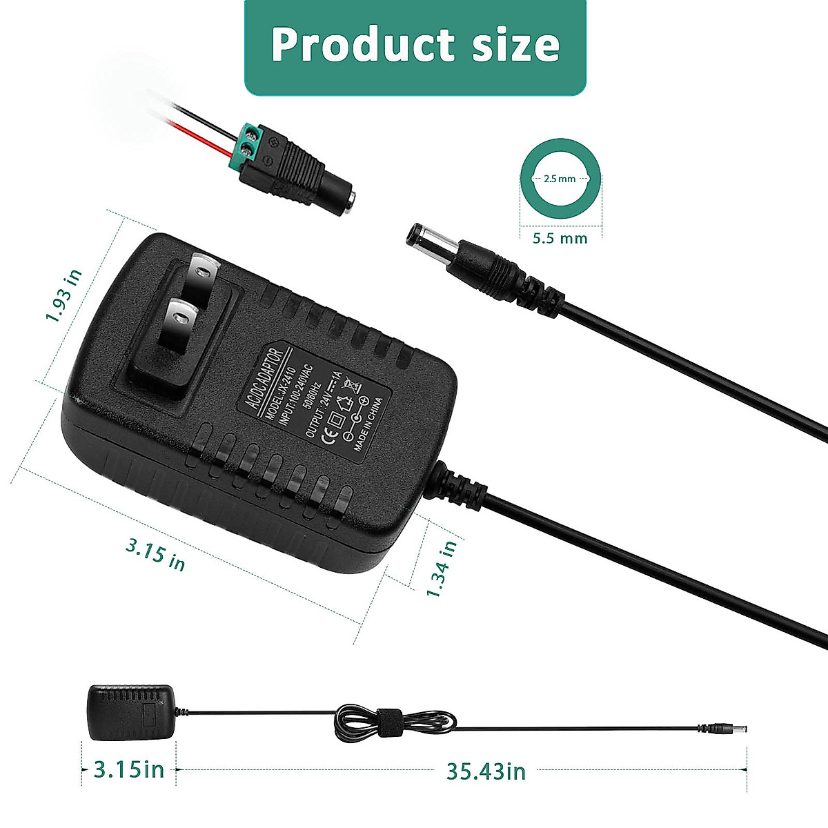 TTODDE 24V 1A 0.5A DC Power Supply Adapter 24W 100-240V AC/DC Adapter Suit 24Volt 1000mA/800mA/500mA Power Adapter with 5.5x2.5mm Tip for Massage Gun, Sunrise Alarm Clock, CCTV Camera