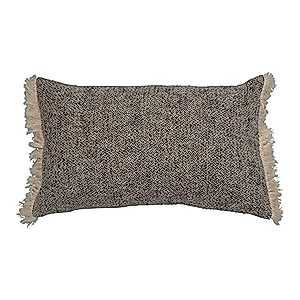 Creative Co-Op Polyester Woven Cotton Lumbar Chambray Back & Fringe Pillow, Black & Cream