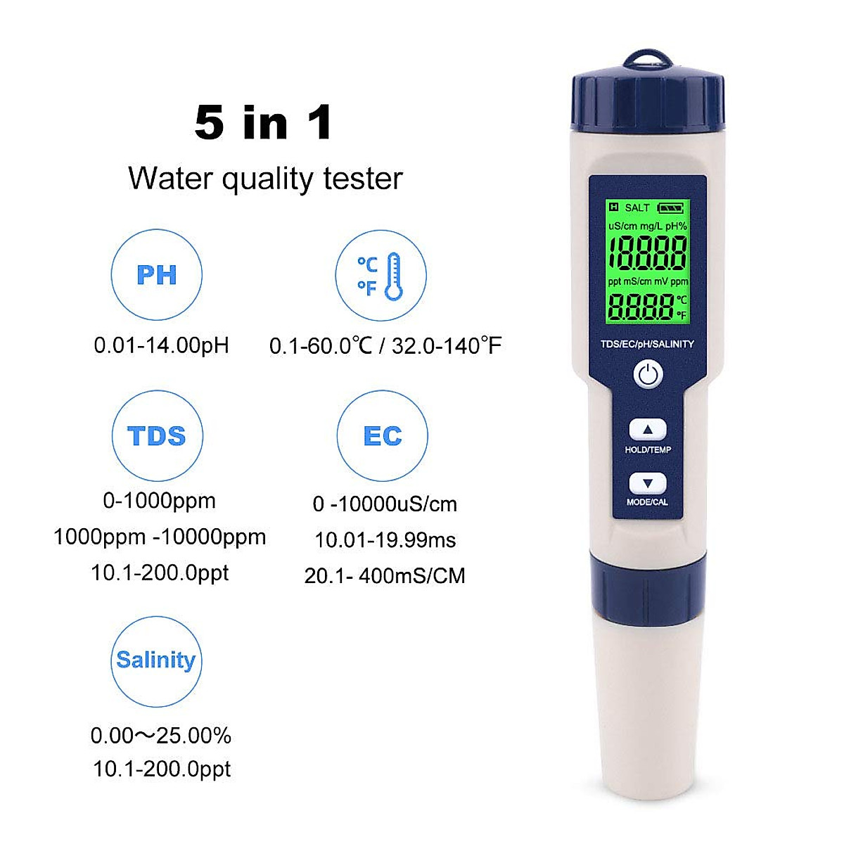 PH Meter EZ-9909 5 in 1 Function Digital PH Meter Water Quality Testing Meter PH Salinity TDS EC Tester with Backlight for Water