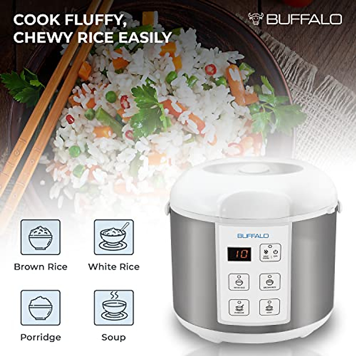 Buffalo Classic Rice Cooker with Clad Stainless Steel Inner Pot (10 cups) - Electric Rice Cooker for White/Brown Rice, Grain - Easy-to-clean, Non-Toxic & Non-Stick, Auto Warmer