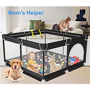 DJEDJEO Baby Playpen for Toddlers, Playard for Baby, Baby Gate Playpen, Indoor & Outdoor Kids Activity Center, Sturdy Safety Play Yard with Hand Rings(Black,50”×50”)