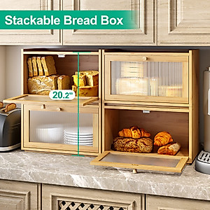 kiplant Large Bread Box for Kitchen Counter, Bamboo Bread Storage Container with Wavy Arcylic Transparent Door, Bamboo Wooden Farmhouse Bread Box for Your House
