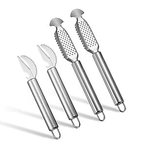 Klyuqoz Fish Scaler Remover, 4 Pack Fish Scale Knife, Stainless Steel 3-in-1 Fish Descaler Tool, Fish Peeler Open Belly and Dig Out Fish Cleaner Opener Tool Kitchen Accessory