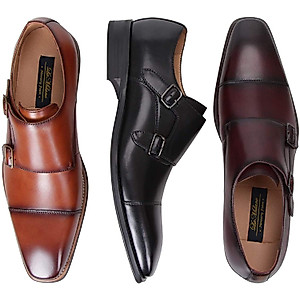 La Milano Mens Double Monk Strap Slip on Loafer Cap Toe Leather Oxford Formal Business Casual Comfortable Dress Shoes for Men