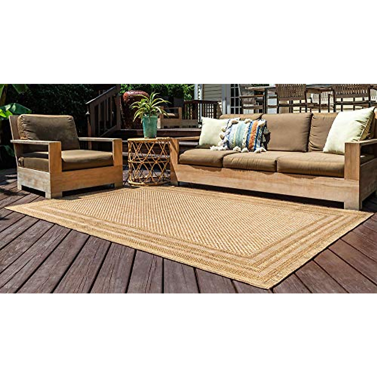 Unique Loom Outdoor Border Collection Area Rug - Multi Border (3' 3" x 5' Rectangle, Tan/ Light Brown)