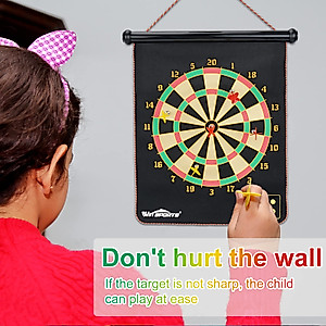 WIn SPORTS Magnetic Dart Board Kids Game,Two Sided Roll Up Dartboard,Indoor Outdoor Game,15 Inch Kids Darts Board,Includes 12 Magnetic Safe Darts,Easily Hangs Anywhere