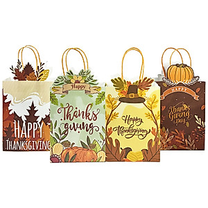 qiqee 24-Packs Thanksgiving Paper Gift Bags with Handles Bulk 8.26×6×3.15 Inch Pumpkin Gift Bags Multiple Uses (Small Size)