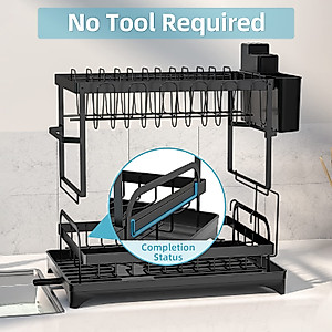 TAIJUELE Dish Drying Rack with Draining Plate, 2-Tier Rust Resistant Draining Rack for Kitchen Counter, Large Capacity Dish Organizer with Extra Drying Rack (Black)