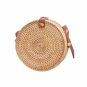 SHAREYOIU Handwoven Round Rattan Bag Shoulders Natural Chic Hand Tropical Beach Style Woven with Leather Strap (Pure, 7 x 3.2 inches)