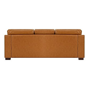 Naomi Home Siggy Genuine Leather Sofa - Luxurious Comfort, Goose Feather Cushion Filling, Square Arm Design, Sturdy Block Legs, Elegant Tan - Ideal for Living Room, Office, or Bedroom