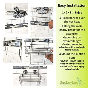 Gecko-Loc 🦎 NEW LONG WIDE Adjustable Length Over the Showerhead Hanging Shower Caddy Organizer - Silver