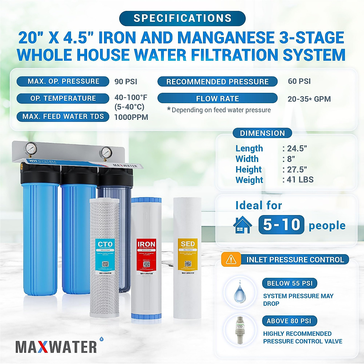 Max Water 3 Stage (Coastline Houses, Cottage, Farm, Well & Underground Water) 20 inch Water Filtration System for Whole House - Sediment + Iron Manganese + CTO Post Carbon - 1" Inlet/Outlet