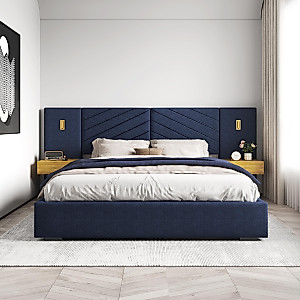 DEINPPA Luxury Bed Frame with Built-in Gold LED Lights and Nightstands, King Size Platform Bed with Oversize Upholstered Headboard, No Box Spring Needed-Royal Blue
