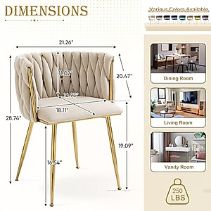 Upholstered Velvet Dining Chairs Set of 2, Modern Living Room Chair with Woven Back and Golden Metal Legs, Mid-Century Accent Side Chair for Dining Room, Living Room, Kitchen, Vanity Room, Ivory