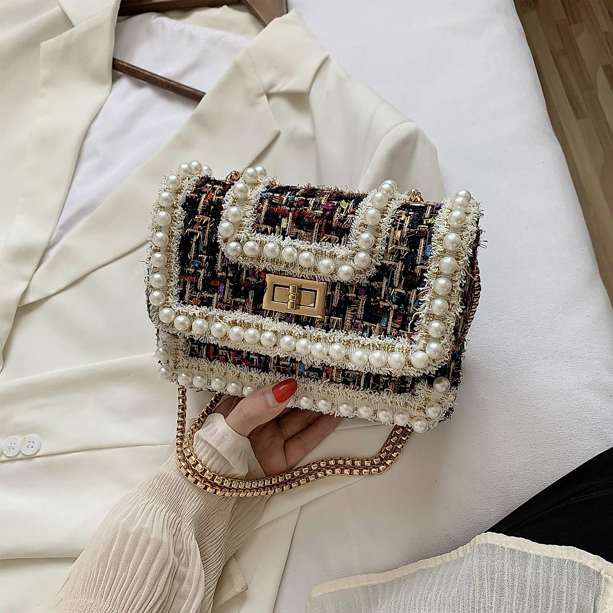 Aitian Designer Tweed Pearl Chain Purse - Fashion Crossbody Bags for Women and Shoulder Purses and Handbags Quilted Leather Designer Bags for Women Crossbody Bag with Chain