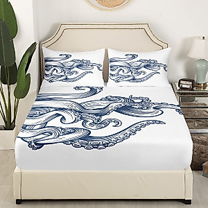 Kids Octopus Fitted Sheet Ocean Kraken Bed Sheet Set for Boys Girls Tentacles Decor Bedding Set Sealife Sea Animal Bed Cover Bedroom 3Pcs Full Size