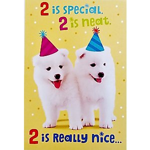 Greeting Card Happy 2nd Birthday with American Eskimo Puppy Dogs - Special Wishes Twice - Two Years Old
