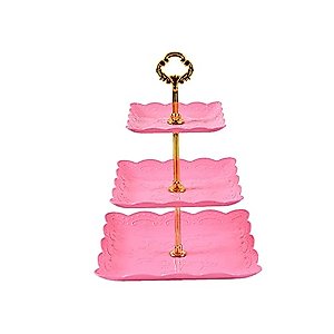 MINGT 3 Tier Plastic Cupcake Stand, Tiered Serving Cake Stand, Square White Embossed Dessert Stand, Weddings Parties Pastry Serving Tray (Pink)