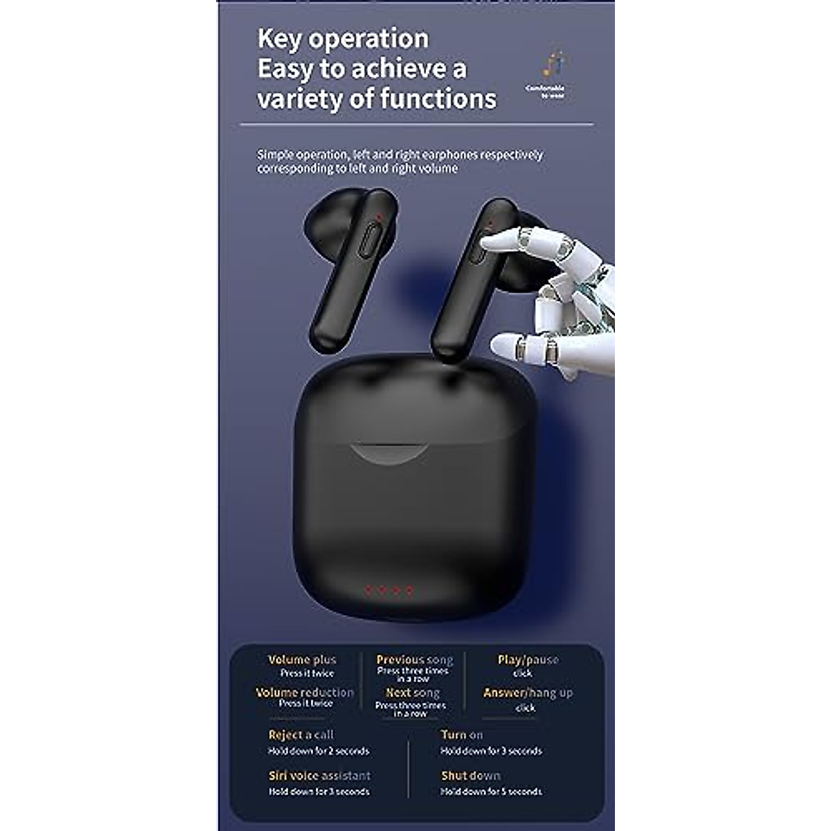 WesTch True Wireless Earbuds Bluetooth 5.3 Headphones Button Control with Wireless Charging Case IPX4 Waterproof Stereo Earphones Half in-Ear Built-in Mic Headsets (Black)