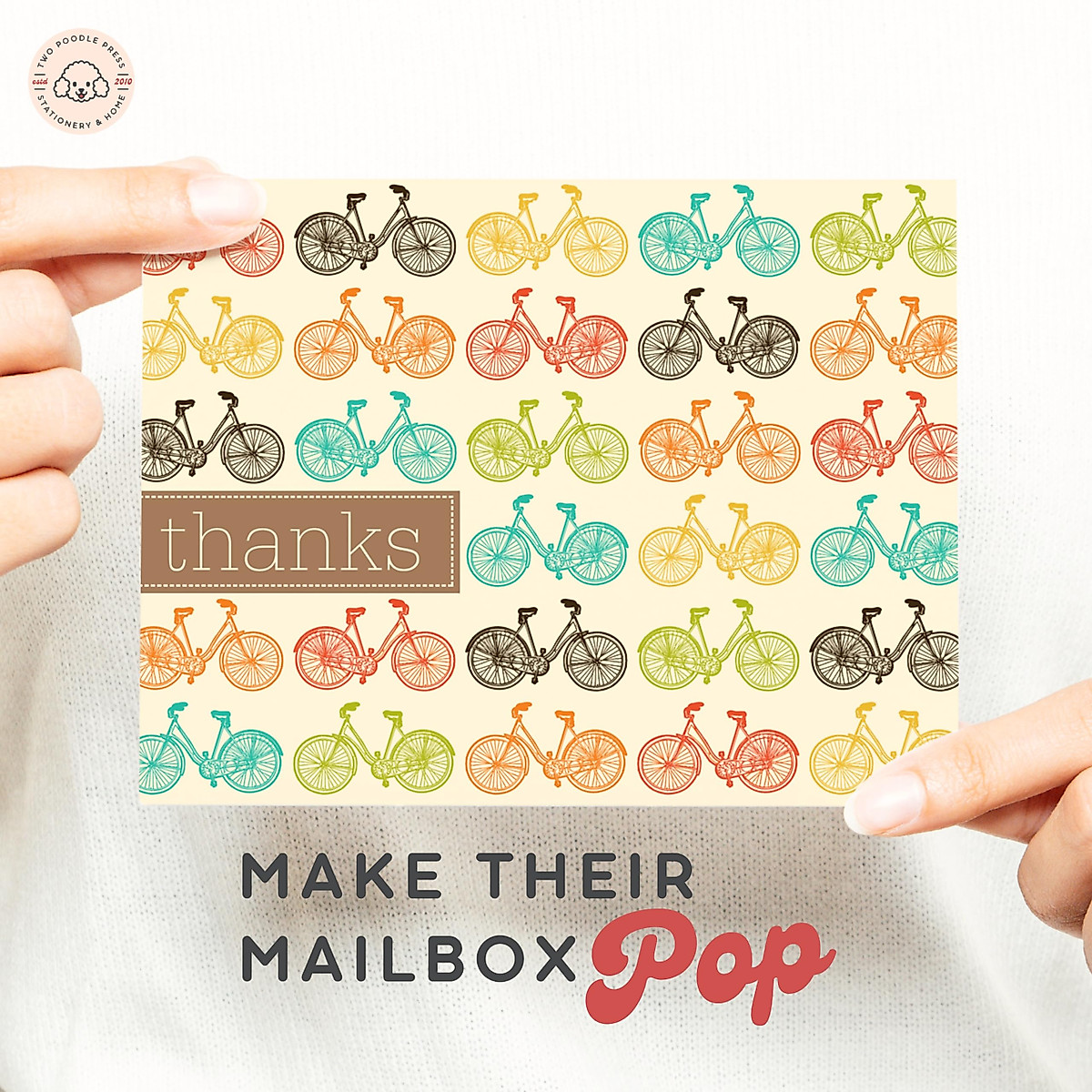 Two Poodle Press 10 Bicycle Thank You Greeting Cards - For Bikes, Cyclists, Pelotonia, Charity Bike Rides Nancy Stationery with Cream Envelopes, Birthday Present for Bicycle Lovers