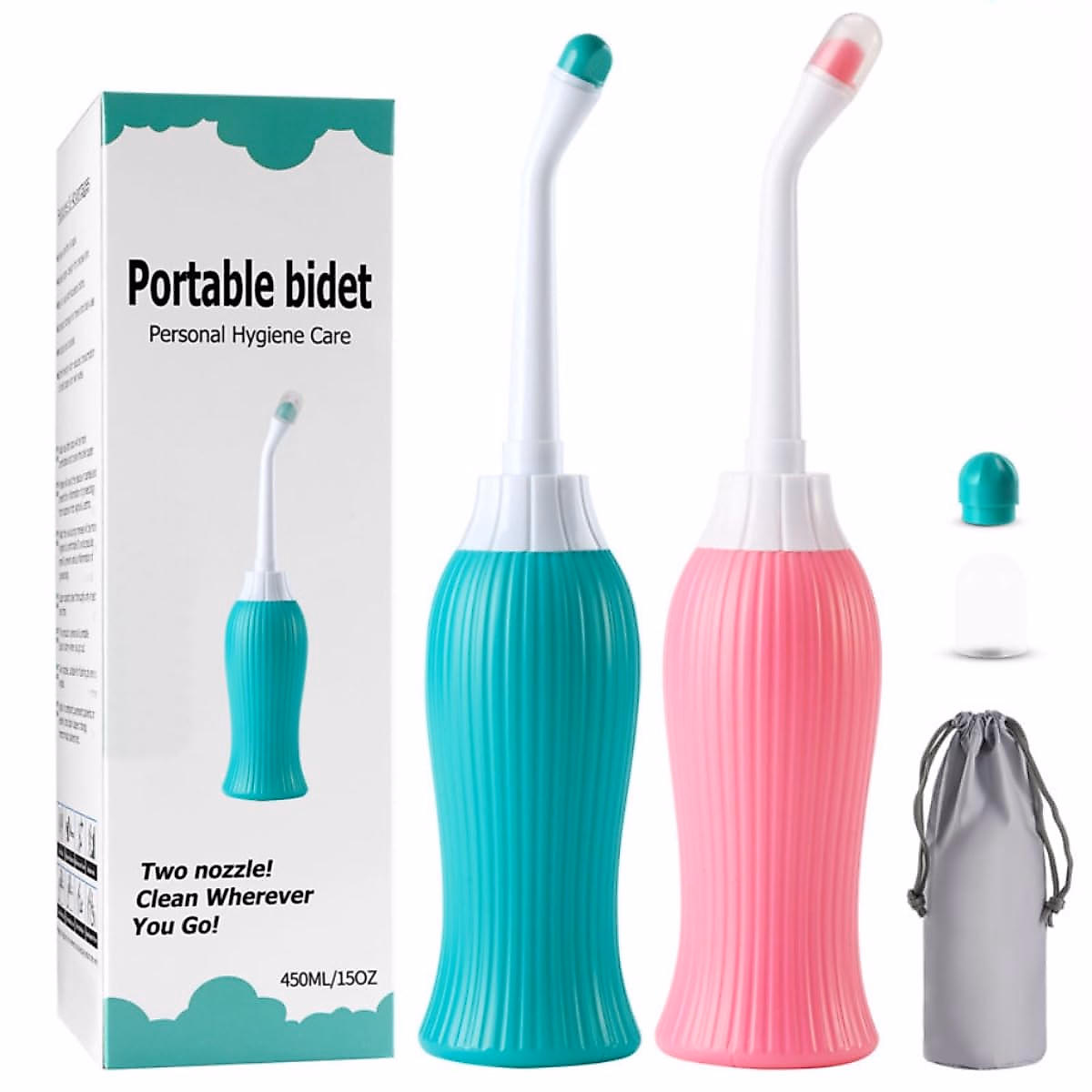 LINWILTFC 15oz Travel Bidet Handheld Personal Bidet, Portable Bidet for Toilet, Water Bottle Childbirth Cleaner for Traveling Personal Hygiene with Storage Bag (2 Packs)