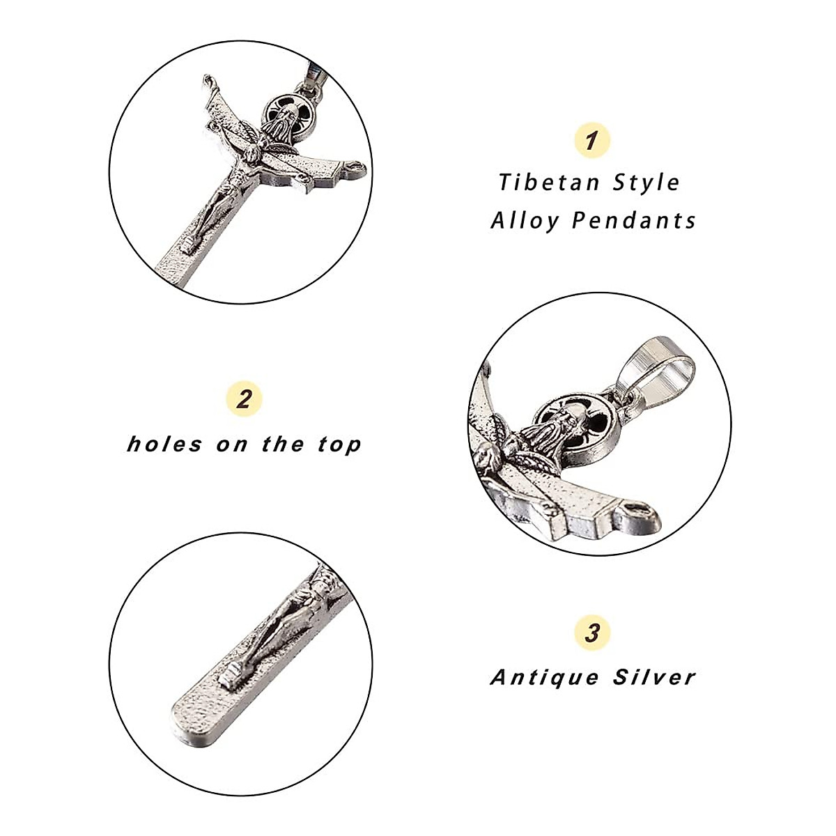 KISSITTY 10pcs Tibetan Style Alloy Crucifix Cross Pendants Religious Cross Charms with Pinch Bail for Easter Rosary Holy Beads Necklace Jewelry Making Antique Silver