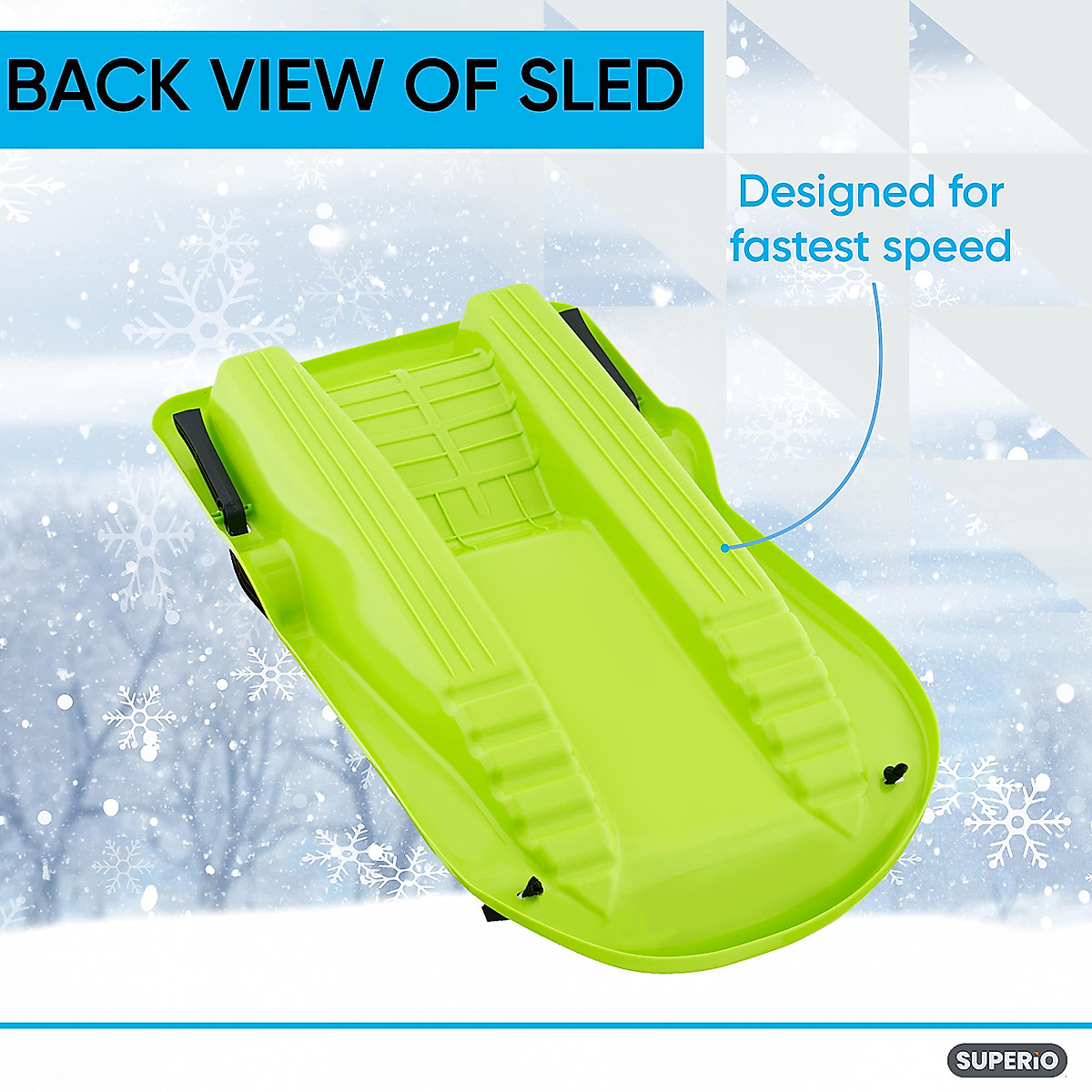 Superio Downhill Snow Sled with Brake Handles for Kids, 35” Toboggan Plastic Sleigh with Pull Rope, Green. (2)