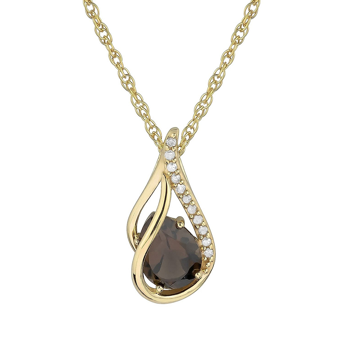 Instagems 10k Yellow Gold Genuine Pear-shape Smoky Quartz and Diamond Halo Drop Pendant Necklace