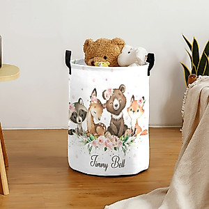 Floral Cute Woodland Animals Personalized Laundry Hamper with Handles Waterproof,Custom Collapsible Laundry Bin,Clothes Toys Storage Baskets for Bedroom,Bathroom Decorative Large Capacity 50L
