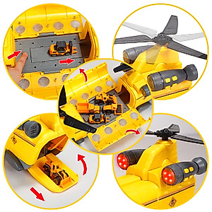 JOYIN Construction Transport Cargo Toy Airplane Car Play Set Including 1 Transport Helicopter with Real Lights, 6 Diecast Vehicles, 12 Action Figures, Birthday Gift for Boys and Girls (Yellow)