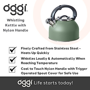 OGGI Tea Kettle for Stove Top - 64oz / 1.9lt, Stainless Steel Kettle with Loud Whistle, Ideal Hot Water Kettle and Water Boiler - Sage