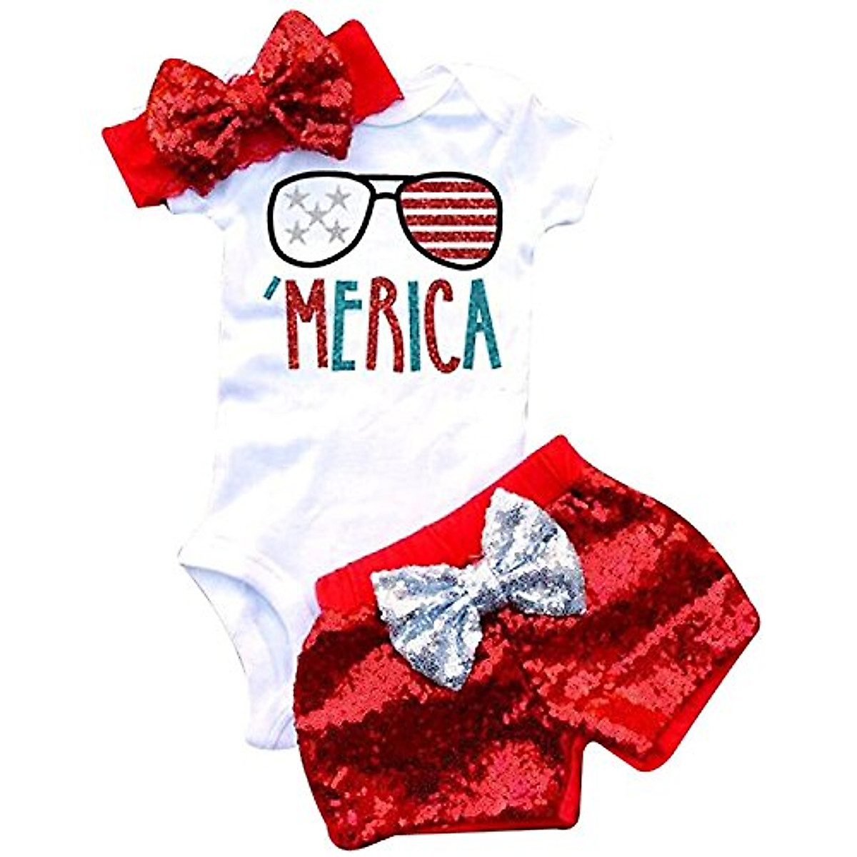 UNIQUEONE 3Pcs Baby Girls Merica Flag Stars Print Romper Bodysuit Sequins Shorts+Headbands Sets