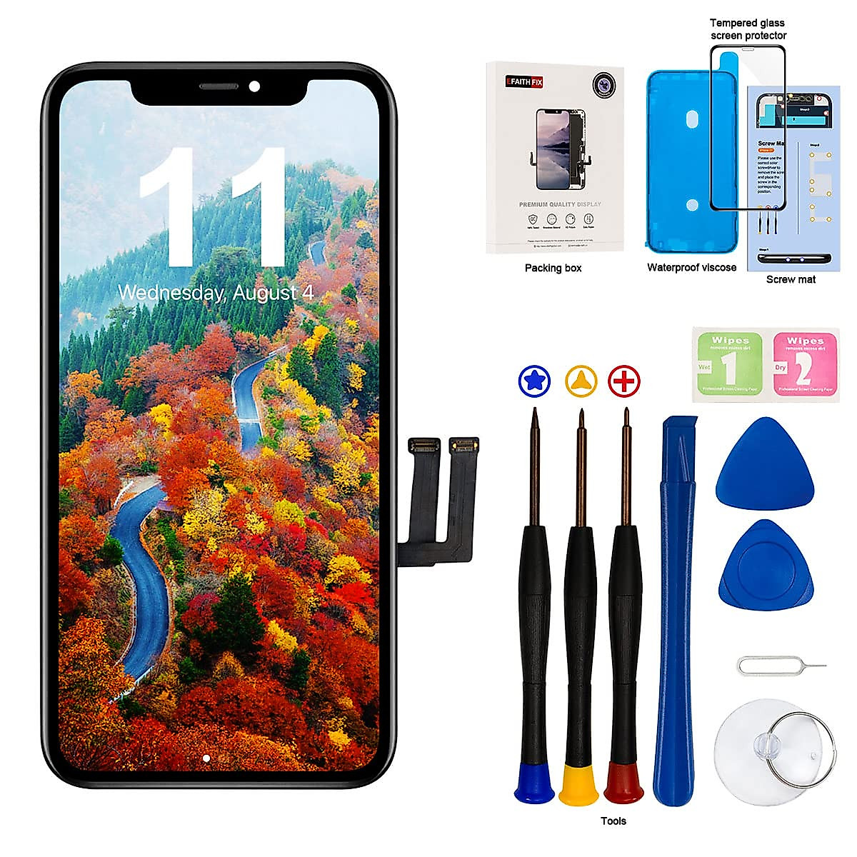 EFAITHFIX for iPhone 11 LCD Screen Replacement 6.1 Inch Frame Assembly LCD Display and 3D Touch Screen Digitizer with Repair Tools Kit for A2111, A2223, A2221 with Waterproof Adhesive Tempered Glass