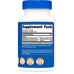 Nutricost Vitamin K2 (MK7) (100mcg) + Vitamin D3 (5000 IU) 120 Softgels - Gluten Free and Non-GMO