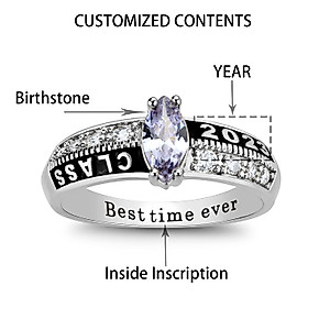 Ccjcinata Custom Class Rings for Women High School Cubic Zirconia Birthstone Rings Sterling Silver Women's Class Rings Graduation Rings Size 5-15 College Rings for Women