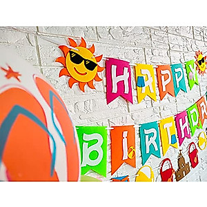 Beach Birthday Banner Garland Decorations for Hawaiian Aloha Luau Beach Pool Barbecue Party Beach Ball Happy Birthday Party Favor Supplies