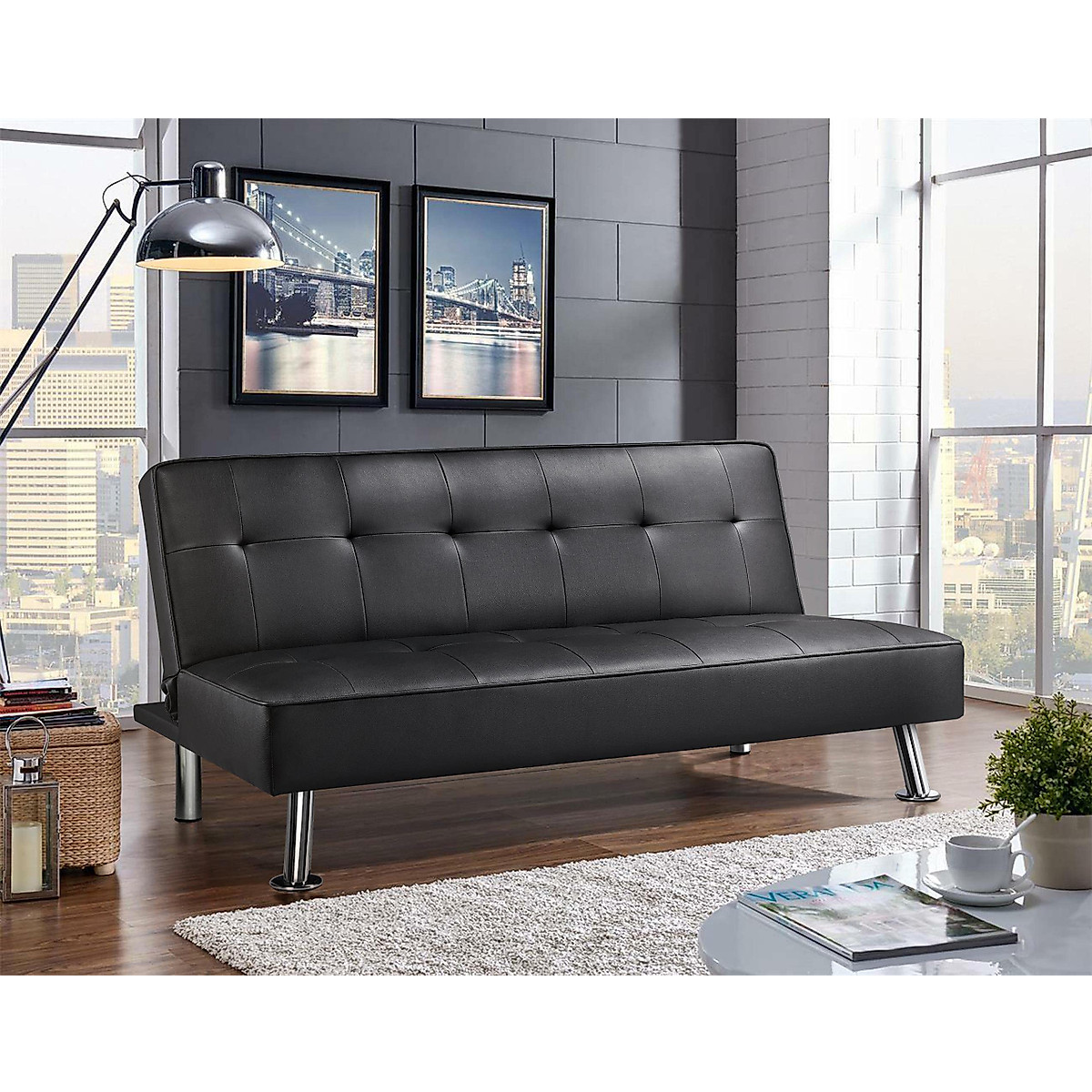 Yaheetech Modern Folding Futon Loveseat Black Faux Leather Futon Sleeper Bed Convertible Futon Couch Bed for Living Room