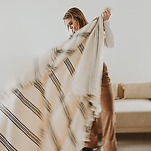 Sweet Water Decor Turkish Cotton Throw Blankets | Large Size 65 x 85 | Cream with Black Decorative Stripes | Boho, Rustic, Farmhouse | Indoor, Outdoor Cover (Henley - Four Stripes)