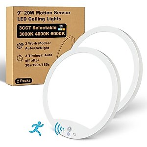 Hard-Wired Motion Sensor Ceiling Lights, 9in 20W Flush Mount Motion LED Ceiling Lights, 3000K 4000K 6000K Indoor Ceiling Light for Closet Doorway Stairway Hallway, 2 Packs, Not Battery Operated
