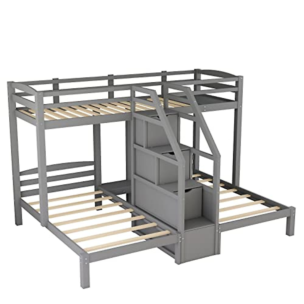 GAOWEI Triple Bunk Bed Twin Over Twin & Twin Bunk Bed with 3 Storage Staircase,Triple Bunk Bed for Kids,Triple Bunk Bed with Storage Stairs,Bedroom Furniture Pinewood Bed Frame (Staircase+Gray)