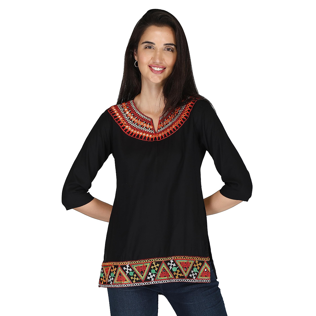 MESMERIICAL Women's Embroidered Cotton Short Kurti (Large, Black)