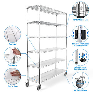 6 Tier 6000lbs Metal Shelf Wire Shelving Unit, Heavy Duty Adjustable Storage Rack with 5in Wheels and Shelf Liners - 18" D x 60" L x 87.5" H - Chrome