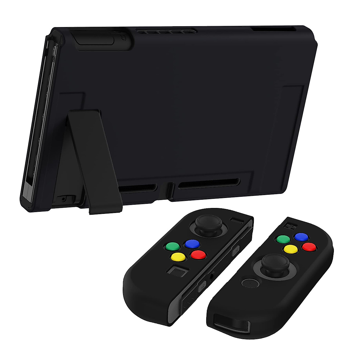 PlayVital Black Protective Case for Nintendo Switch, Soft TPU Slim Case Cover for Nintendo Switch Joycon Console with Colorful ABXY Direction Button Caps