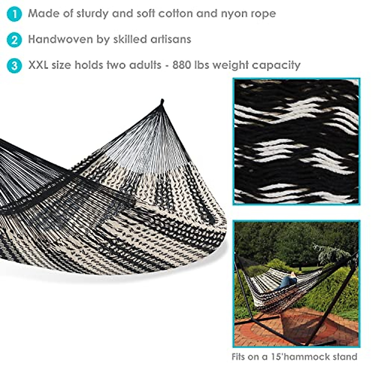 Sunnydaze Mayan Family Hammock Hand-Woven XXL Thick Cord, Heavy-Duty 625-Pound Capacity, Black/Natural