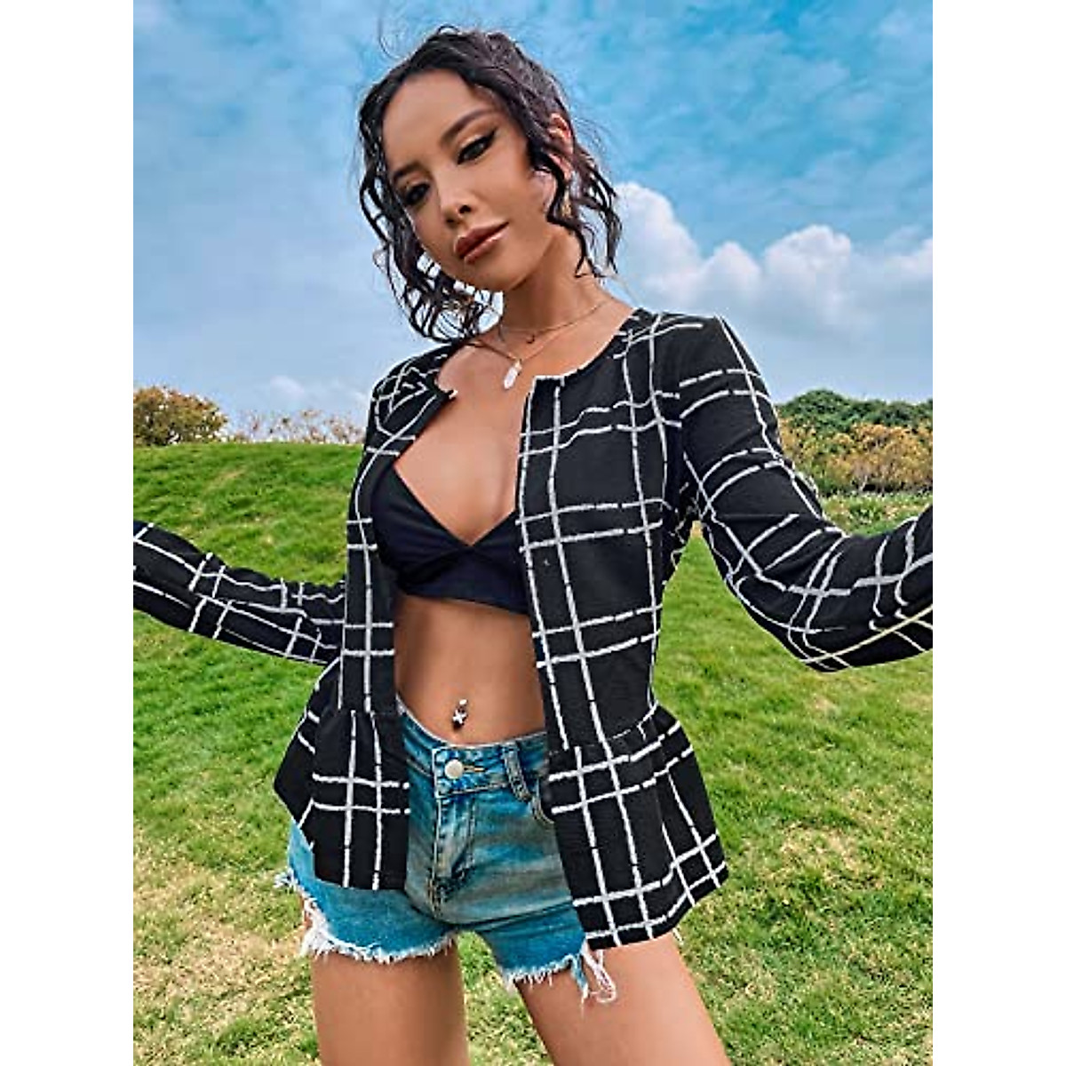 Milumia Women's Casual Plaid Ruffle Hem Open Front Long Sleeve Work Blazer Jackets Black Large