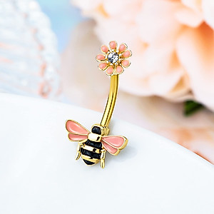 CM Crareesi Mania Gold Belly Button Rings 316L Stainless Steel Bee Belly Rings for Women 14G Flower Belly Button Piercing Jewelry 10mm Cute Navel Piercing Jewelry