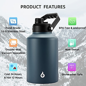 BJPKPK One Gallon(128 oz) Insulated Water Bottle, Dishwasher Safe Stainless Steel Thermos, BPA Free Jug with Ergonomic Handle & Anti-slip Bottom, Large Water Bottle, Navy Blue